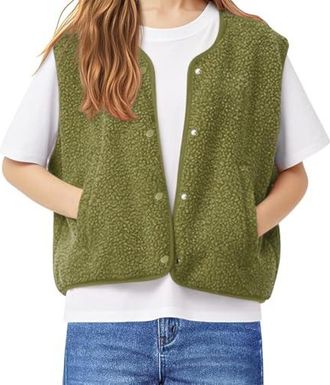 Minetom Gilet Femme Sans Manche Veste Polaire Chaud Manteau Automne Hiver Sherpa Waistcoat Casual Outdoor Bouton Blousons Avec Poches Couleur Unie A Vert M