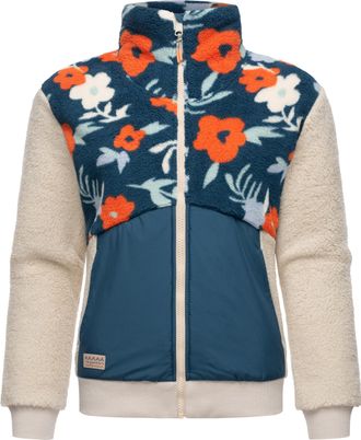 Ragwear leichte Damen Fleecejacke Kurze Teddyfleece-Jacke warm Pl&uuml;schjacke mit Blumen-Muster Madaras Flower Petrol Gr. 3XL
