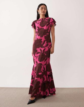 Pretty Lavish Chiffon-Maxikleid in Rosa mit braunem Blumenmuster und R&uuml;schen&auml;rmeln