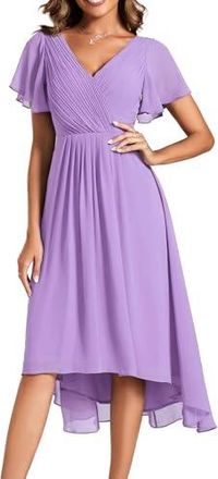 Ever-pretty Robe Femme Été A Line High Low Col V Manches Courtes pour Mariage Mère Voilet Clair 46