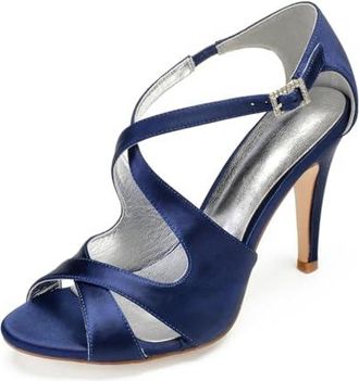 Generic Escarpins Femme Bout Ouvert Mari&eacute;e Btide Cheville Boucle Satin Stylet Sandales Chaussures De Mariee Bal Dress F&ecirc;te 10.5Cm,Dark Blue,37 EU