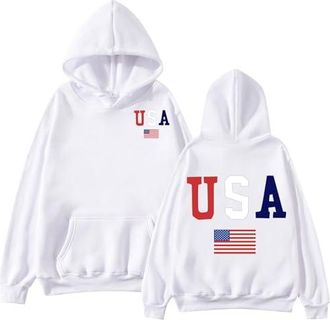Generic Sweat &agrave; capuche dautomne pour femme avec poche Motif drapeau am&eacute;ricain USA, blanc, XL