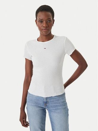 Tommy Jeans T-Shirt Smock Seersucker DW0DW22219 Wei&szlig; Slim Fit