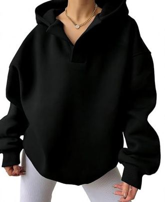 Generic Sweat-shirt &agrave; capuche &agrave; manches longues et col en V pour femme, pull d&eacute;contract&eacute; &agrave; manches longues et &eacute;paules tombantes, Noir, XXL