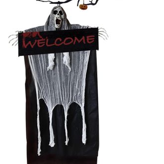 Papu 150 cm Halloween Deko Hängende Geister mit Welcome Schild,Horror Sensenmann Dekorationen Ghost zum Aufhängen Halloween Deko Gruselig Geist für Spukhau