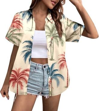 Generic Chemise hawa&iuml;enne de plage tropicale pour femme - Motif palmier hawa&iuml;en des Cara&iuml;bes - Chemise d&eacute;t&eacute; d&eacute;contract&eacute;e &agrave; manches courtes - Boutonn&eacute;e - Tenda