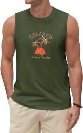 Heekpek Debardeur Homme T-Shirt sans Manche Coton Tee Shirt &Eacute;t&eacute; D&eacute;bardeurs Sport Imprim&eacute; Hawa&iuml;enne Fitness Running Tops, Cocotier Vert Militaire, XL