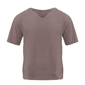 Generic T-shirts en lin pour hommes UK Smart Casual manches courtes col en V T-shirts d&eacute;t&eacute; coupe ample l&eacute;ger couleur unie col grand-p&egrave;re T-shirts classiques r
