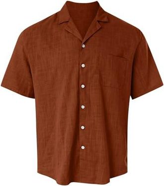 Generic Chemise Homme Manches Courtes- Chemise Hawaienne Coton Lin Col Mao Couleur Unie Dété T-Shirt Décontracté Comfortable Grande Taille Ample Haut Coupe Dr