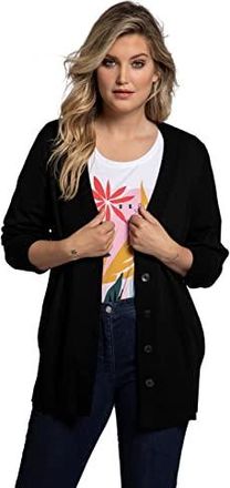 Ulla Popken Strickjacke, V-Ausschnitt, Knopfleiste, Feinstrick Pull-Over, Noir, 48-50 Femme