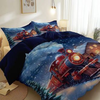 Generic Bettbezug Set 135 x 200 cm Realität Zug Schnee Mit Reißverschluss Eckbändern, Weiches Komfort Gebürsteter Mikrofaser Dunkelblau Bettwäsche Beidseitig 