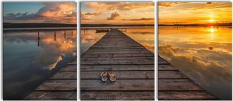 Pixxprint Steg am See bei Sonnenuntergang, XXL Leinwandbild in Übergröße 180x80m Gesamtmaß 3 teilig, Wandbild, Kunstdruck
