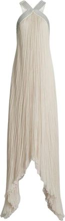 Alberta Ferretti Femme, Robes, Beige, Taille: 38 FR Robe Longue Pliss&eacute;e En Mousseline Avec Col Brod&eacute; M&eacute;tallis&eacute;