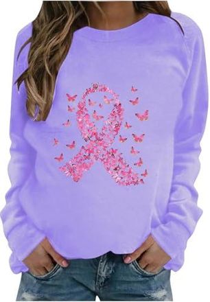 Generic T-Shirt pour Femmes sur Le Cancer du Sein Octobre Rose à Manches Longues Ruban Rose De Sensibilisation Au Cancer du Sein DOctobre Sport Oversize Sweat