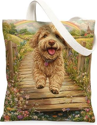 Generic Sac fourre-tout en toile motif labradoodle printanier pour faire du shopping, 33 x 38,1 cm, sac d&eacute;picerie r&eacute;utilisable pour femme, motif floral amusan