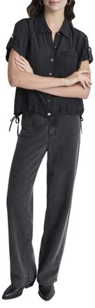 DKNY Womens Blouse/Shirt,S/S TECH Crinkle DRA, Black,S