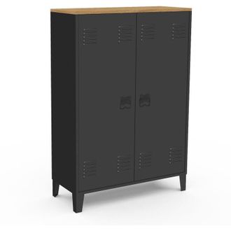 IDMarket Idmarket - Armoire basse 2 portes m&eacute;tal noir - Plateau bois h&ecirc;tre - Dimensions 75x33x110 cm - Fermeture aimant&eacute;e - &Eacute;tag&egrave;res r&eacute;glables