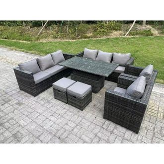 Fimous 10-Sitzer Wicker pe Gartenm&ouml;bel Rattan Sofa Set im Freien Einstellbare aufsteigende Esstisch Set mit 2 Sesseln 2 Hocker Dunkelgrau gemischt - Fimous
