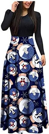 Generic Robe Noel Femme Manches Longues, Robe Longue Femme Imprime No&euml;l Col Rond Maxi Decontracte Sexy Costume Cocktail Automne Dress Moche Bal Rockabilly Deg
