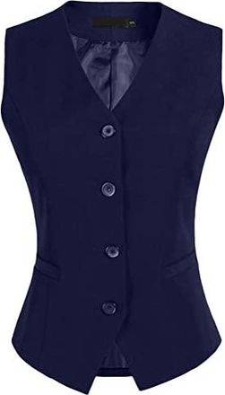 ORANDESIGNE Bolero Femme Gilet de Costume Cardigan sans Manche Chic Gilet Col en V Simple Boutonnage Couleur Unie Tenue de Travail A Bleu Marine M