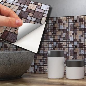 Walplus 96 Stück 15x15cm Braunes und beigefarbenes Steinmosaik Braun Wandfliesen Aufkleber Schälen und Kleben Backsplash Abziehbilder Startseite Dekore Aufkan