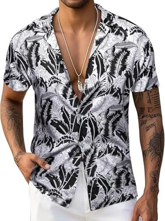 Barry.Wang Chemise hawa&iuml;enne &agrave; manches courtes pour homme Motif floral, blanc, M