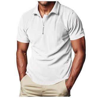 Generic Polo d&eacute;t&eacute; en velours c&ocirc;tel&eacute; pour homme, demi-fermeture &eacute;clair, revers et manches courtes, Blanc., XXL