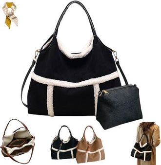 Generic Women Suede Tote with Faux Lamb Wool Lined,Vintage Large Capacity Plush Shoulder Bag,Faux Fur Top Handle Handbag Travel Purse (Black)
