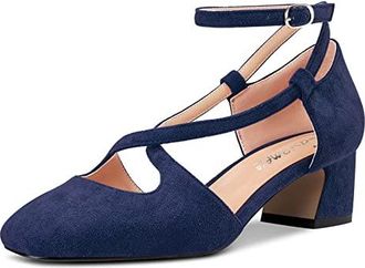 Castamere Femmes Mi Bloc Chunky Talon Heel Carré Bout Lanières Croisées Escarpins Party Cute Chaussures Bleu Marin Suède 39 EU