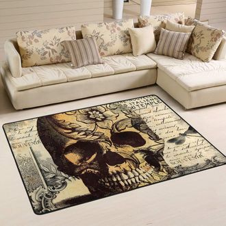 Mnsruu Teppich 91 x 61 cm, Vintage Tattoo Schädel Gedruckt Teppich Wohnzimmer Dekor Bodenmatte Teppich für Schlafzimmer