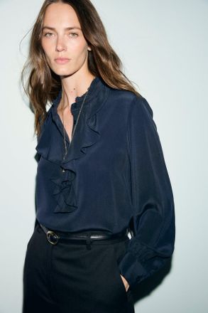 Gerard Darel Blouse &agrave; volants en soie - LOAN - Marine