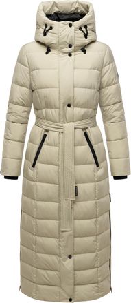 Navahoo Damen Wintermantel Warmer Steppmantel lang mit Kapuze und Taillengürtel Das Teil XIV Pebble Grey Gr. 3XL