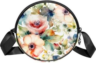 Generic Petit sac &agrave; bandouli&egrave;re circulaire pour femme, motif feuilles florales, sac &agrave; dos avec fermeture &eacute;clair, bretelles r&eacute;glables, sac &agrave; main rond d&eacute;contra