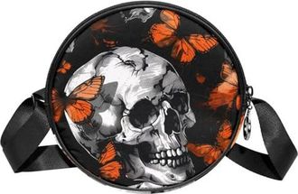 Generic Petit sac &agrave; bandouli&egrave;re rond pour femme, motif t&ecirc;te de mort, avec fermeture &eacute;clair, bretelles r&eacute;glables, style d&eacute;contract&eacute;, pour femmes et filles