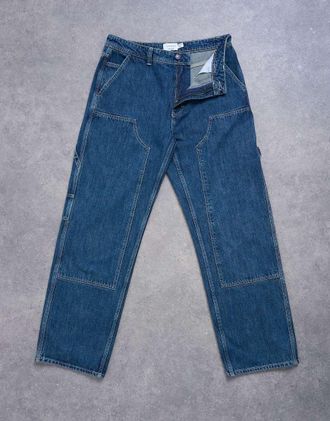 Topman Weite Carpenter-Jeans in mittlerer Waschung-Blau