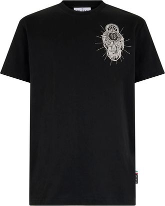 Philipp Plein Homme, Tops, Noir, Taille: 4XL T-Shirt Col Rond Broderie T&ecirc;te de Mort Poitrine