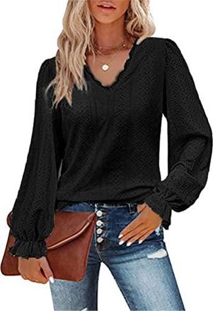 TOMWELL Chemisier Femme Col V Blouse Élégant Haut à Manches Longues Tunique Basiques Ample Fluide Chic Vintage T-Shirt Femme Tops Creux Décontracté Sweat A No