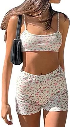Minetom Combinaison Pyjama Femme Une-Pièce Manches Longues Sexy Shorts Combishort De Nuit Y2K Fleurs Imprimé Body Jumpsuit Playsuit sans Manches Ensembles De 
