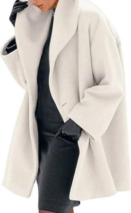 Generic Manteau en laine m&eacute;lang&eacute;e pour femme - Trench &agrave; simple boutonnage - Revers ouvert sur le devant - Veste longue dhiver d&eacute;contract&eacute;e, blanc, L