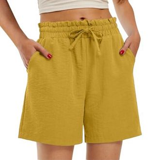 Generic Short en lin pour femme - Taille haute &eacute;lastique - D&eacute;contract&eacute; avec poches - Pantalon de d&eacute;tente pour femme, kaki, XXL