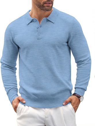 Coofandy Herren Strick Polokragen Pullover Langarm Classic Winter Freizeit Polohend dünner Schmale Streifen Polo Strickpullover Blau 3XL