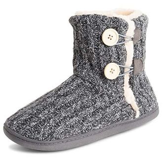 Polar Femmes Mousse A Mémoire Tricotée Bouton Fausse Fourrure Semelle En Caoutchouc Peluche Lhiver Chaussons - Gris - UK4/EU37 - YC0717