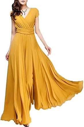 ORANDESIGNE Robe de Soirée pour Mariage Demoiselle dhonneur Manches Courtes Taille Empire A-Line Tulle Longue Femm A Jaune L