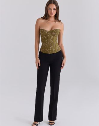 House of CB Solaine top corset &agrave; armatures en dentelle fleurie olive-Vert