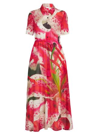 Tory Burch Silk-Cotton Lily Print Midi Dress Size M
