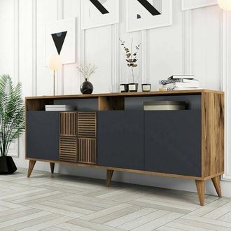Dmora Konsolentisch Virgo, Wohnzimmer-Sideboard, niedriger TV-Schrank, ausgestatteter Wandsockel, 180 x 35 h79 cm, Walnuss und Anthrazit