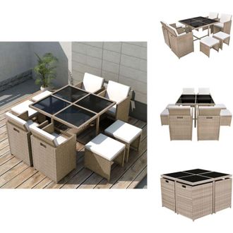 vidaXL 9-tlg. Garten-Essgruppe mit Auflagen Poly Rattan Beige - Gartenm&ouml;bel - Essgruppen - Rattan M&ouml;bel - Outdoor M&ouml;bel - Balkonm&ouml;bel