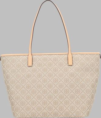 Tory Burch Womens Tote Bag T Monogram Beige Cotton Polyester Handbags Hand