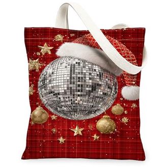 Generic Sacs fourre-tout en toile motif boule disco de No&euml;l, sacs d&eacute;picerie r&eacute;utilisables, vintage l&eacute;gers et lavables en toile pour, Rouge, 13x15 Inch