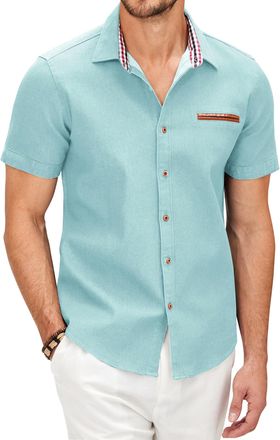 Coofandy Herren Hemd Kurzarm Jeanshemd Freizeithemd Denim Casual Business Kurzarmhemden M&auml;nner Button Down Shirt mit Kariert Kent-Kragen Himmelblau XL